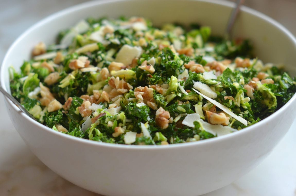 Kale And Brussels Sprout Salad With Walnuts Parmesan And Lemon Mustard